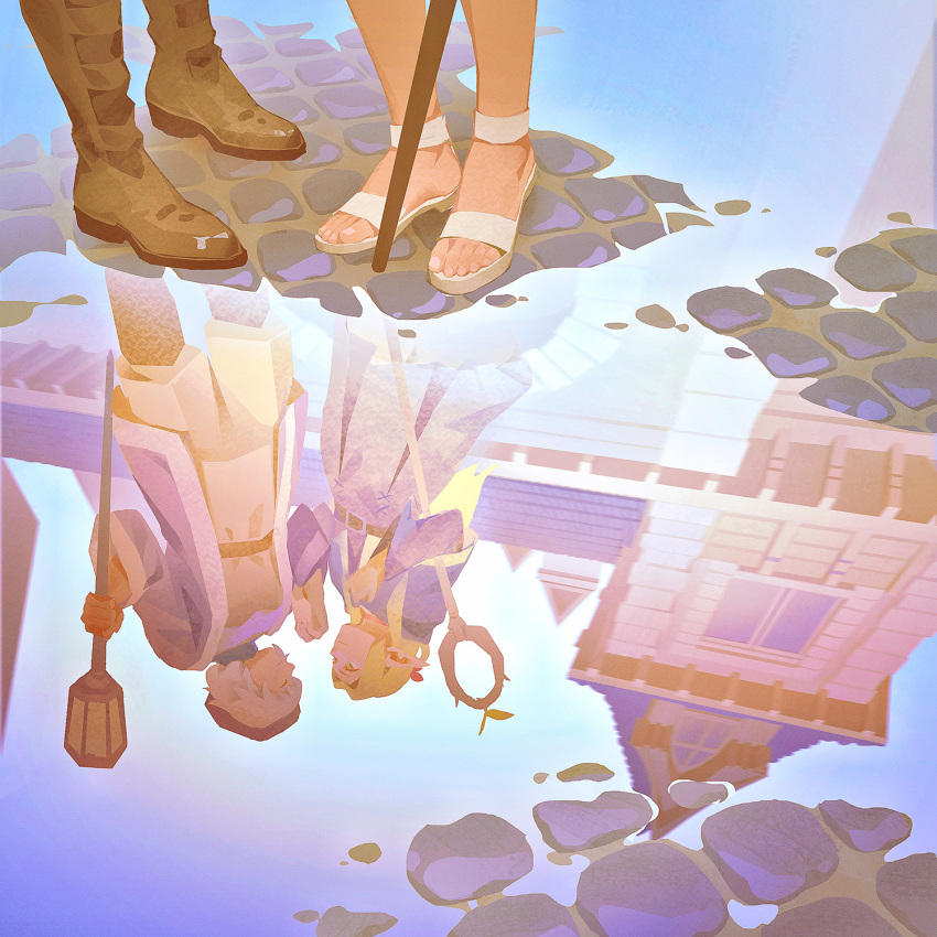 Safebooru - 2girls ambrosia (dungeon meshi) belt blonde hair blue sky boots braid choker closed ...