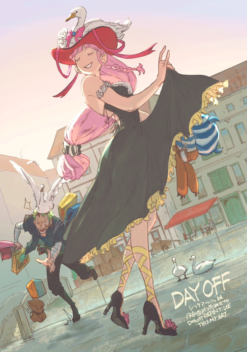 Safebooru - 1boy 1girl bag bandaged arm bandages bird black dress building cafe closed eyes ...