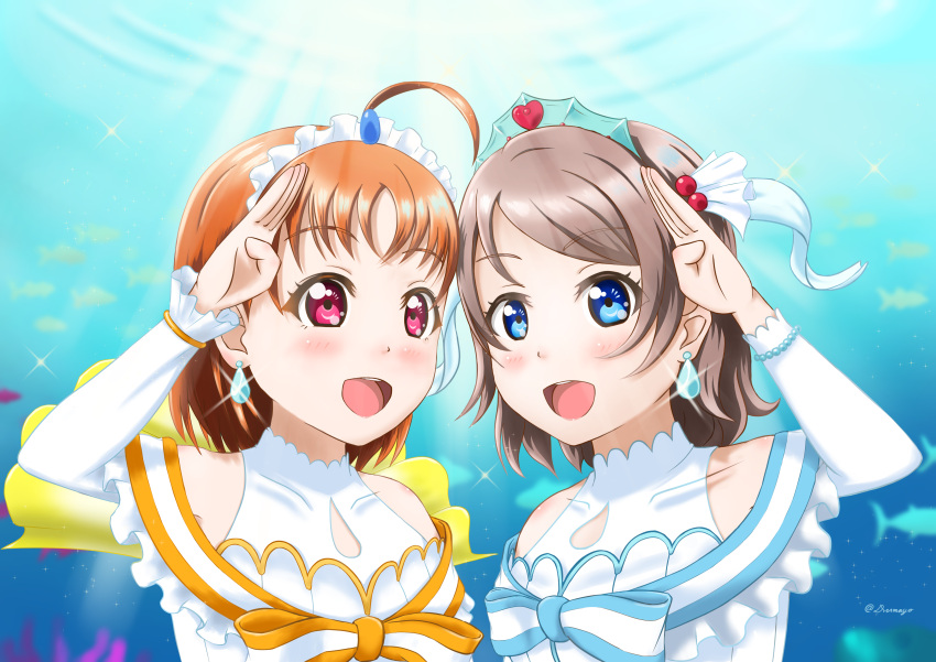 Safebooru - 1girl absurdres arm up bare shoulders blue eyes blush brown hair dvermayo frills ...