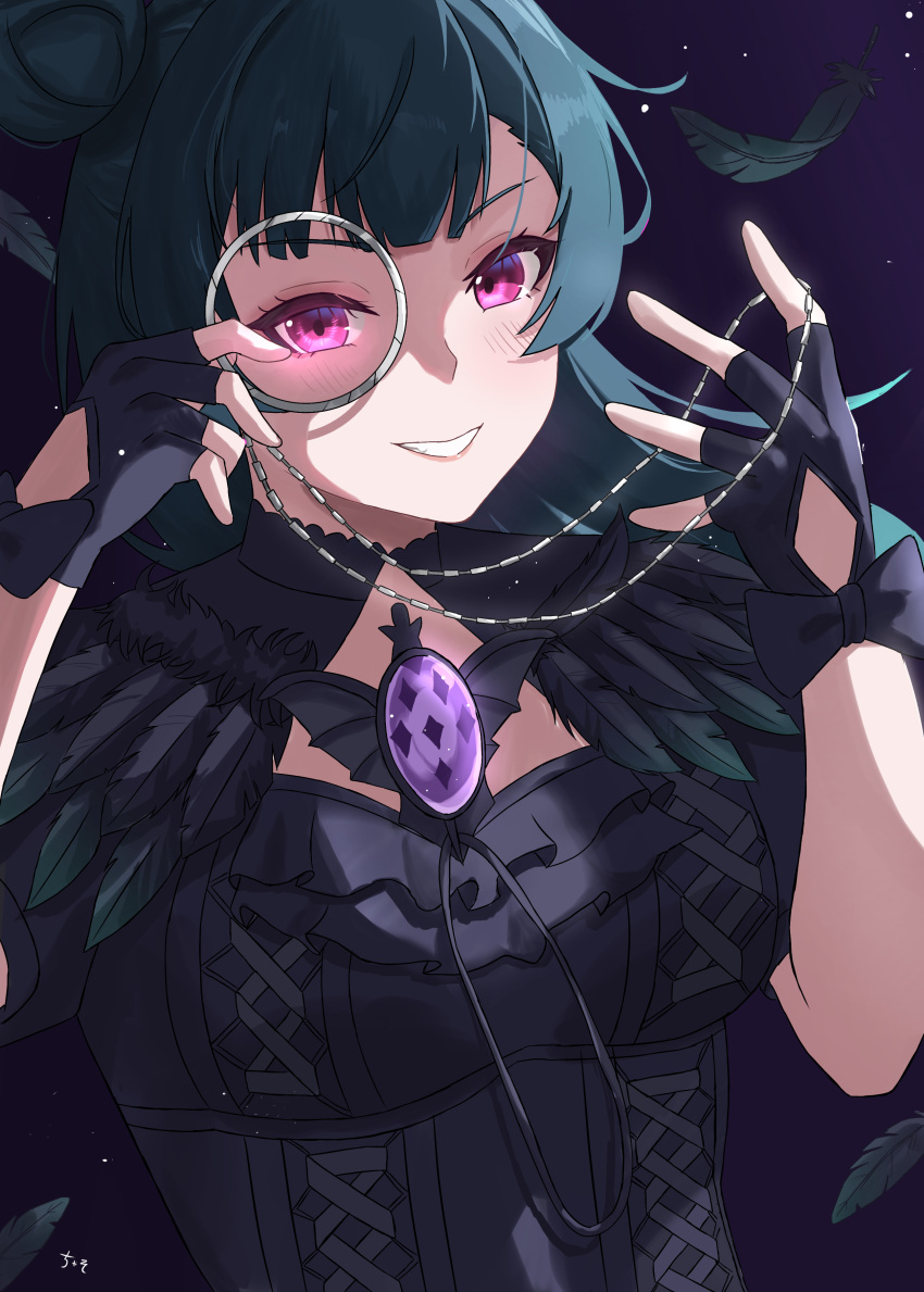 Safebooru - 1girl absurdres black dress black feathers black gloves blue hair blunt bangs blush ...