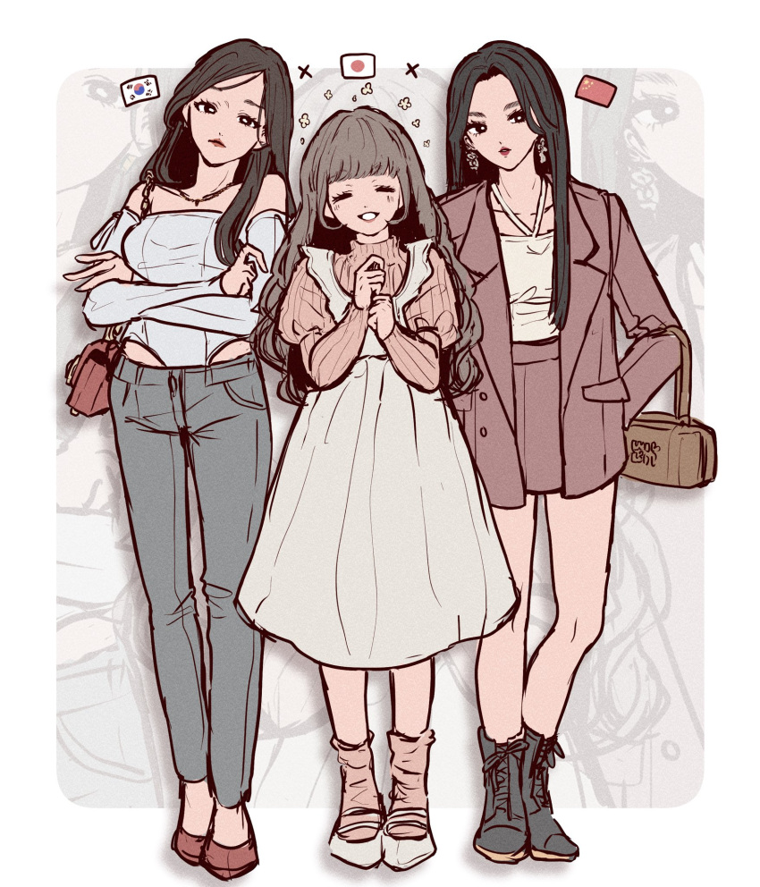 Safebooru - 3girls bag bare shoulders black footwear black hair boots brown hair closed eyes ...