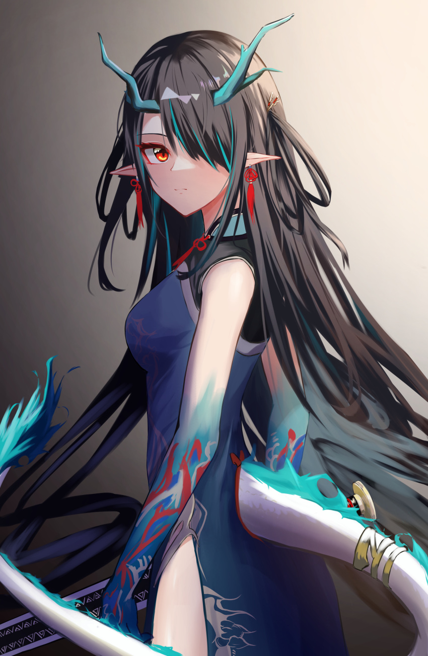 Safebooru - 1girl absurdres arknights black hair china dress chinese clothes colored skin dragon ...