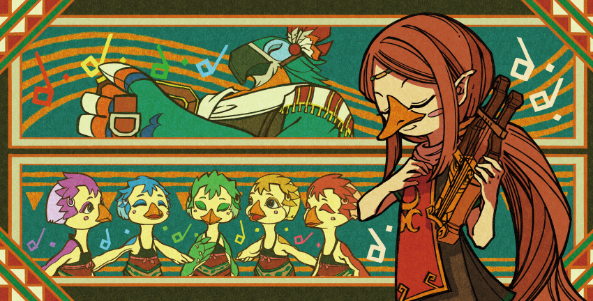 Safebooru - 1boy 6+girls accordion beak bird boy bird girl brown hair ...