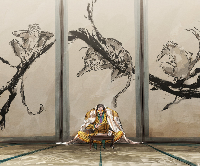 Safebooru - 1boy black hair blurry borsalino (kizaru) coat crossed legs ...