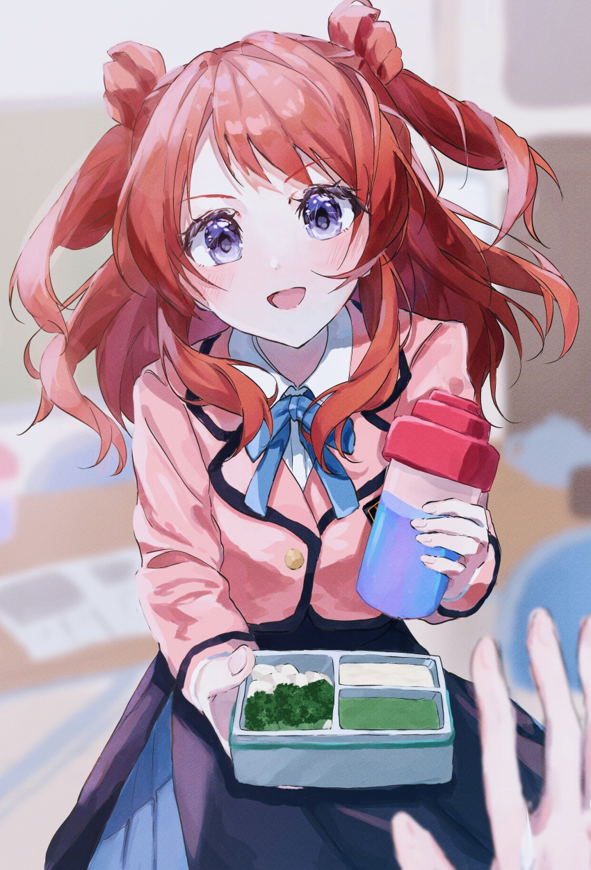 Safebooru - 1girl absurdres black overskirt blazer blue eyes blue ribbon blue skirt blush bottle ...