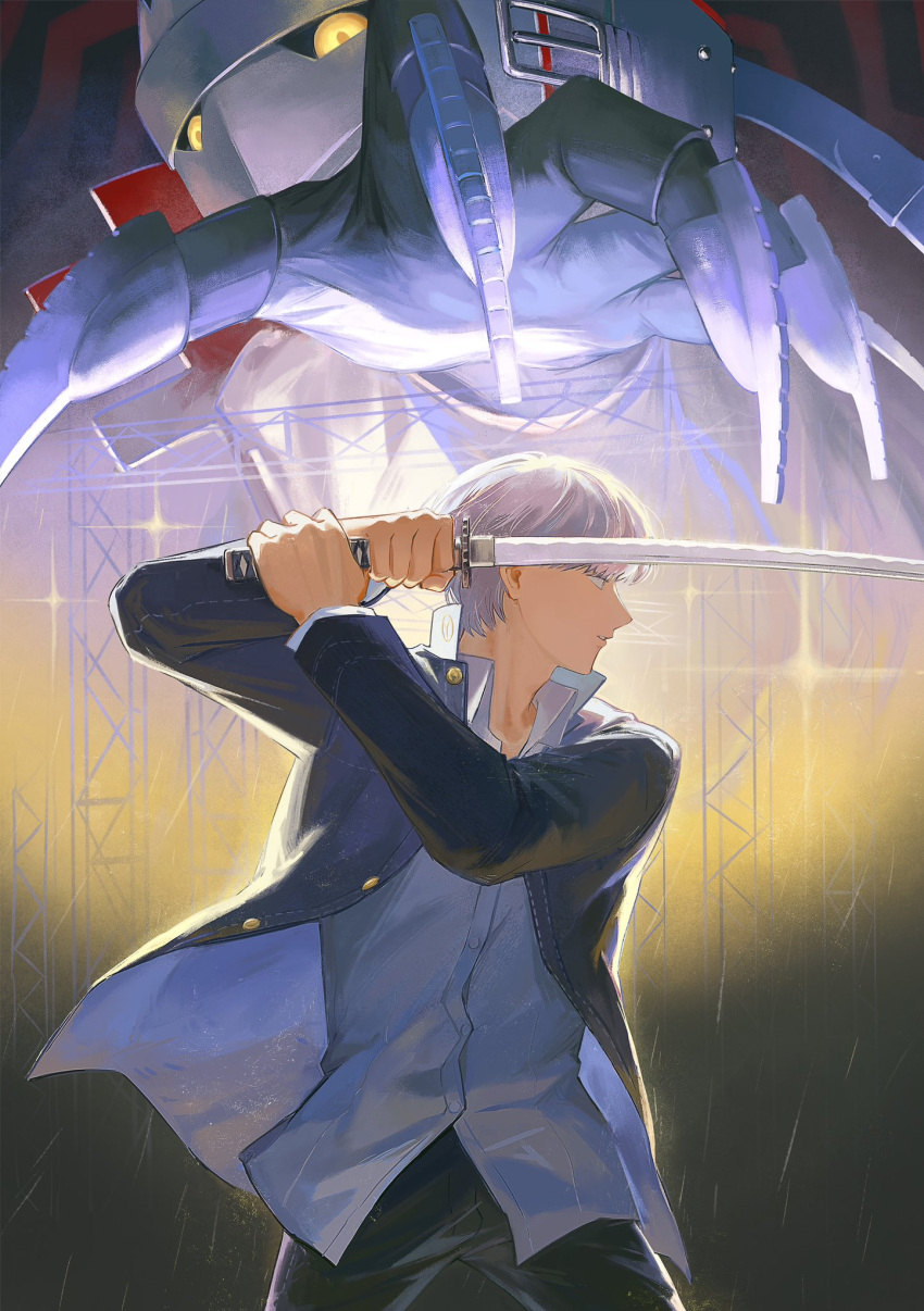 Safebooru - 1boy 1other arms up black jacket black pants buttons claws ...