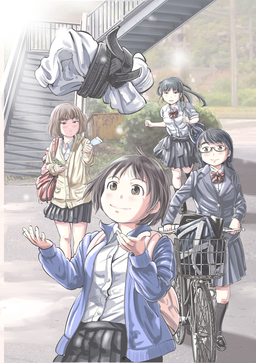 Safebooru - 4girls absurdres bag belt bicycle black belt black hair blonde hair blue cardigan ...