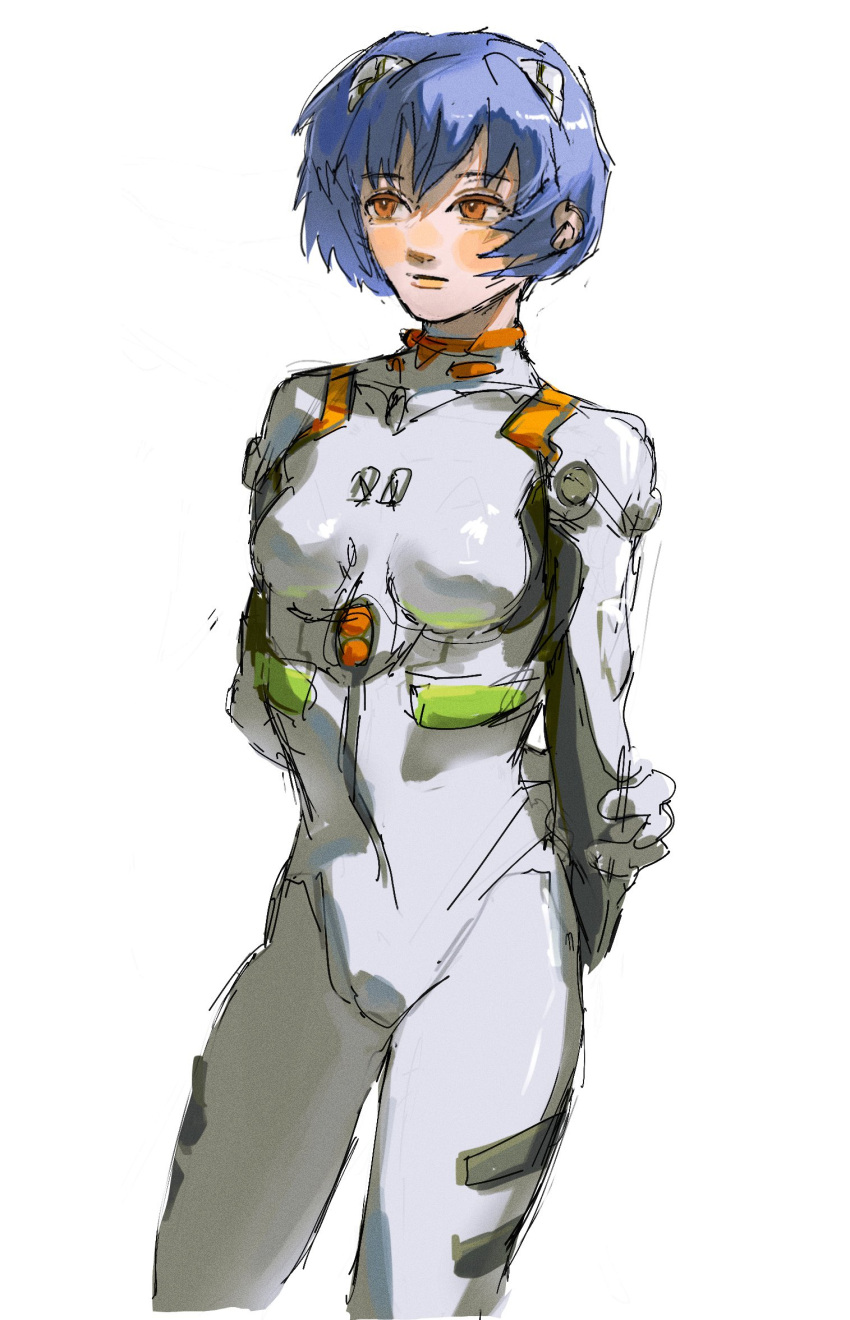 Safebooru - 1girl arms behind back ayanami rei blue hair blush bodysuit hair ornament hairpods ...