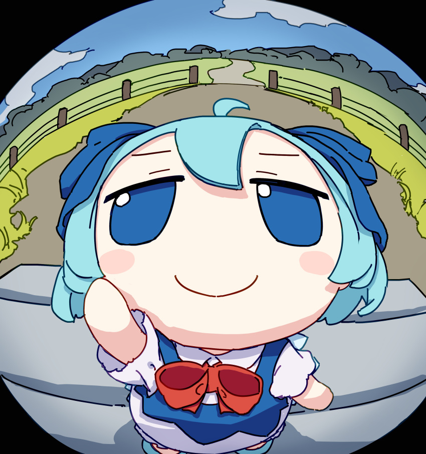Safebooru - 1girl absurdres ahoge blue eyes blue hair blush stickers bow cirno fisheye fumo ...