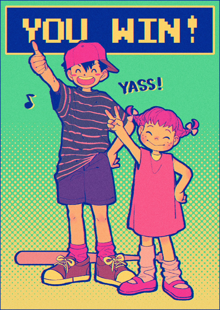 Safebooru - 1boy 1girl ^ ^ baseball cap black hair blue shirt blue shorts blush braid brown hair ...