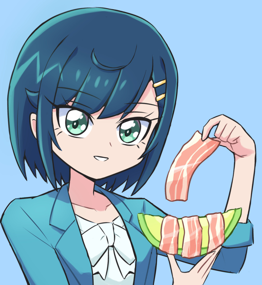 Safebooru - 1girl bacon blue background blue jacket bow collarbone ...