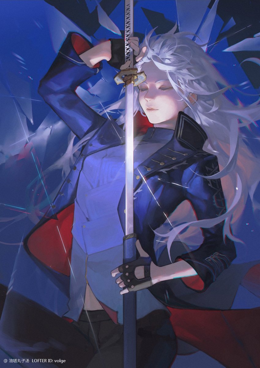 Safebooru - 1girl black gloves blue coat breasts closed eyes closed mouth coat devil may cry ...