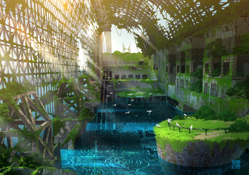 Safebooru - abandoned absurdres animal bird day dilapidated escalator ...