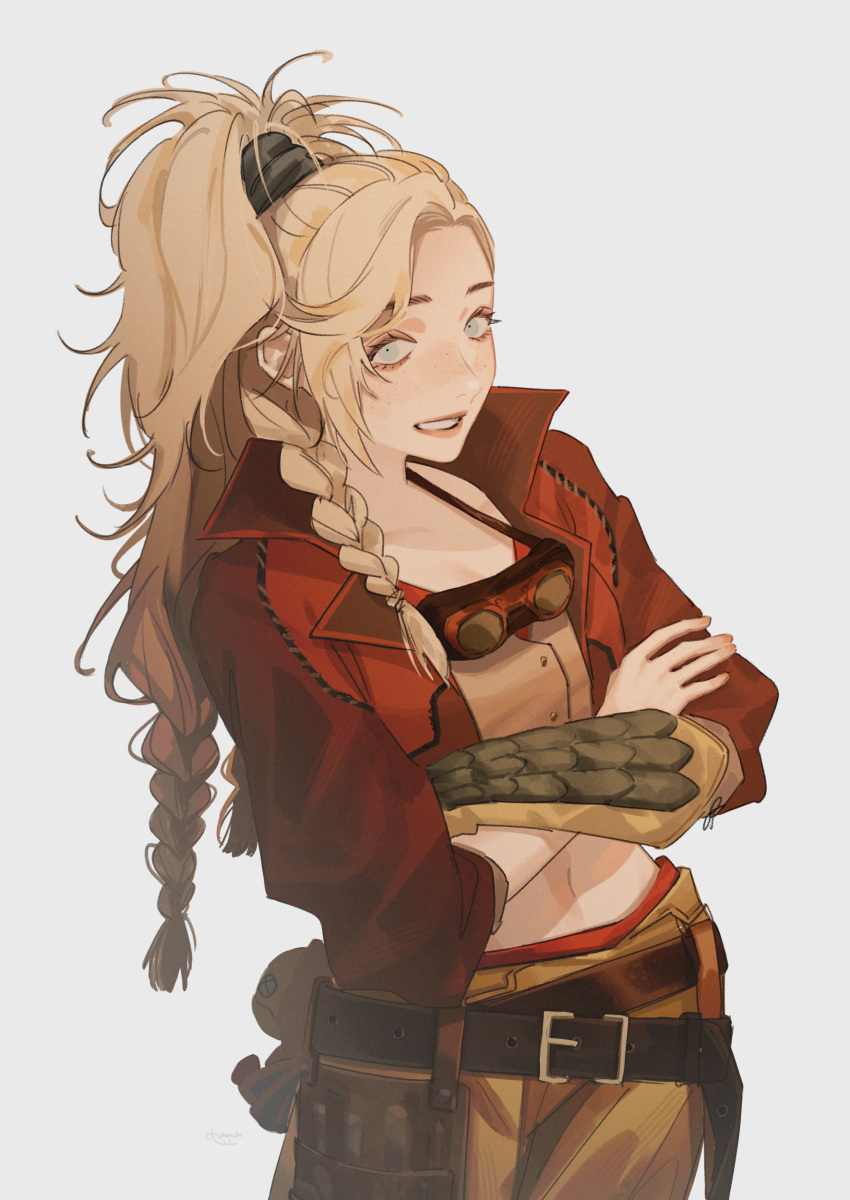 Safebooru - 1girl absurdres asymmetrical hair belt belt pouch black scrunchie blonde hair blue ...