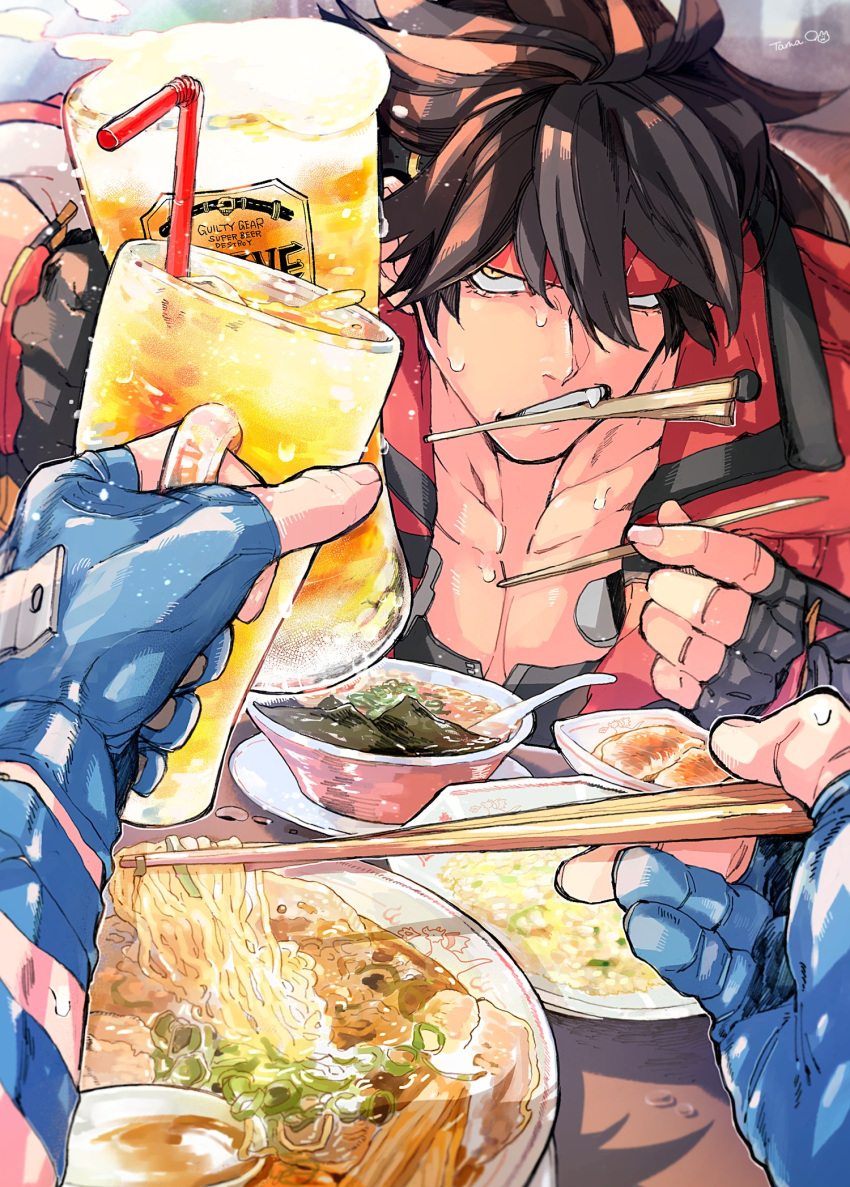 Safebooru - 1 ssmk 2boys alcohol beer blue gloves brown hair chopsticks cup eating food gloves ...