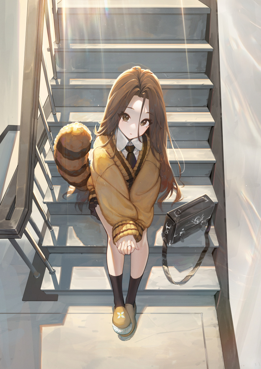 Safebooru - 1girl absurdres bag black bag black necktie black socks brown cardigan brown eyes ...
