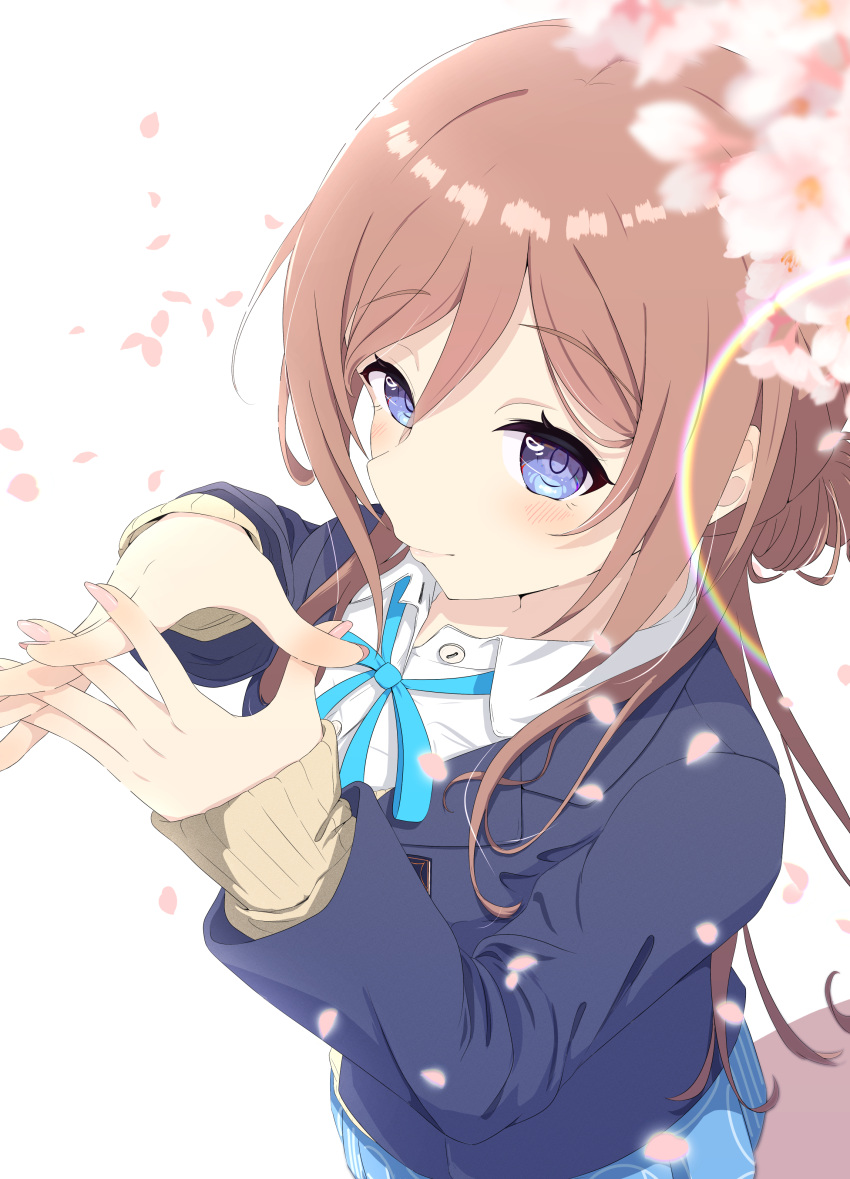 Safebooru - 1girl absurdres blazer blue eyes blue jacket blue ribbon blue skirt blurry blurry ...