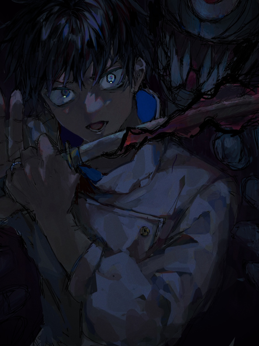 Safebooru - 1boy black hair cursed energy dark hands up high collar ...