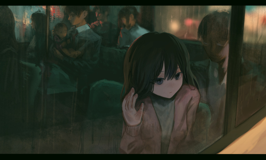 Safebooru - 1girl :| absurdres arm up black hair blue eyes bus closed ...