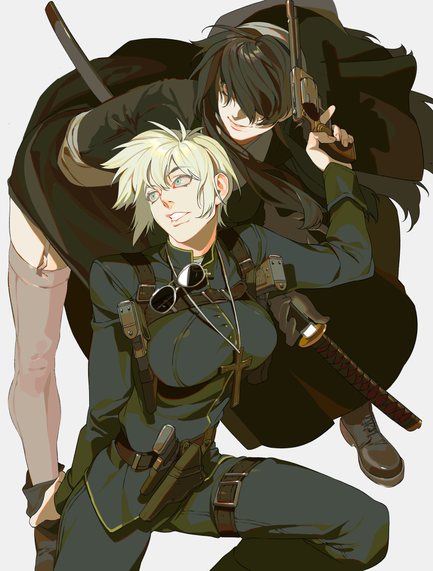 Safebooru - 2girls absurdres black hair blonde hair blue eyes cross ...