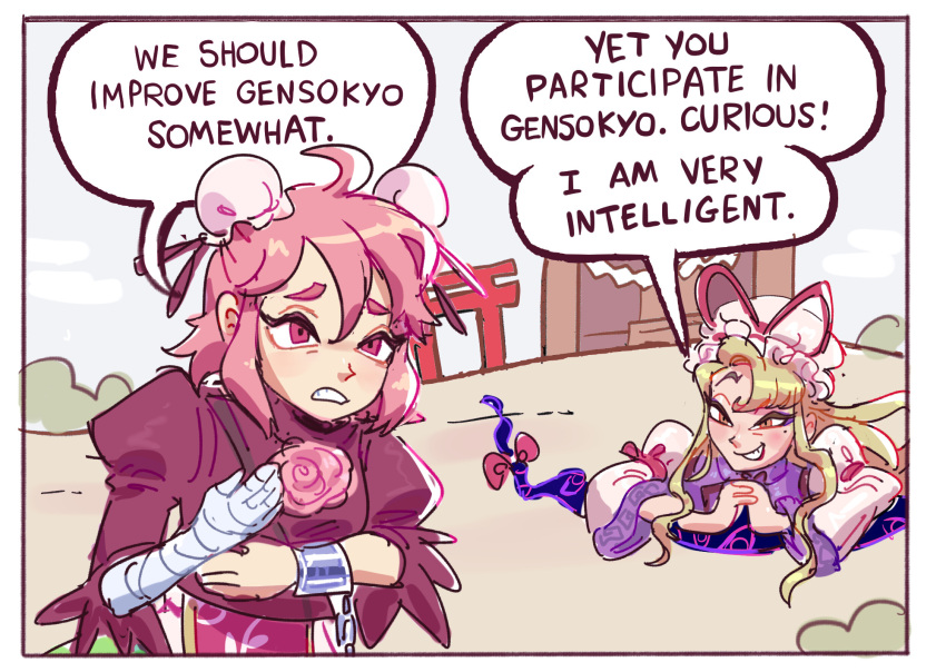 Safebooru - 2girls ahoge bandaged arm bandages blonde hair border brown ...