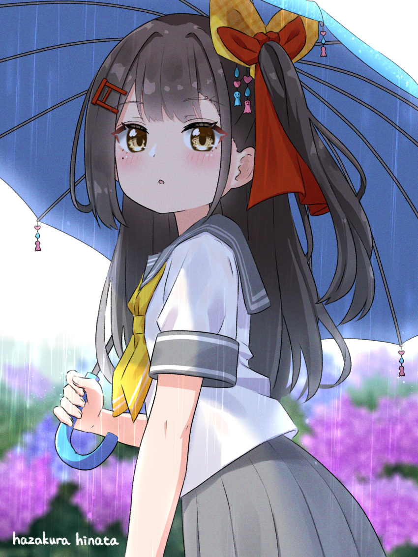 Safebooru - 1girl black hair blue flower blue umbrella chestnut mouth ...