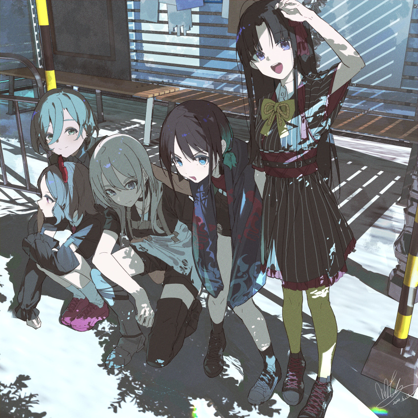 Safebooru - 5girls ahoge awa subaru bench black choker black dress black footwear black hair ...