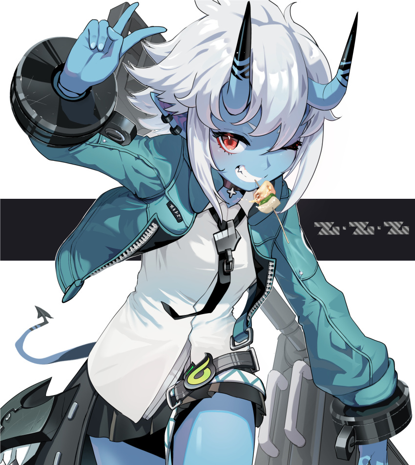 Safebooru - 1girl absurdres arm up black choker black necktie blue horns blue oni blue skin ...