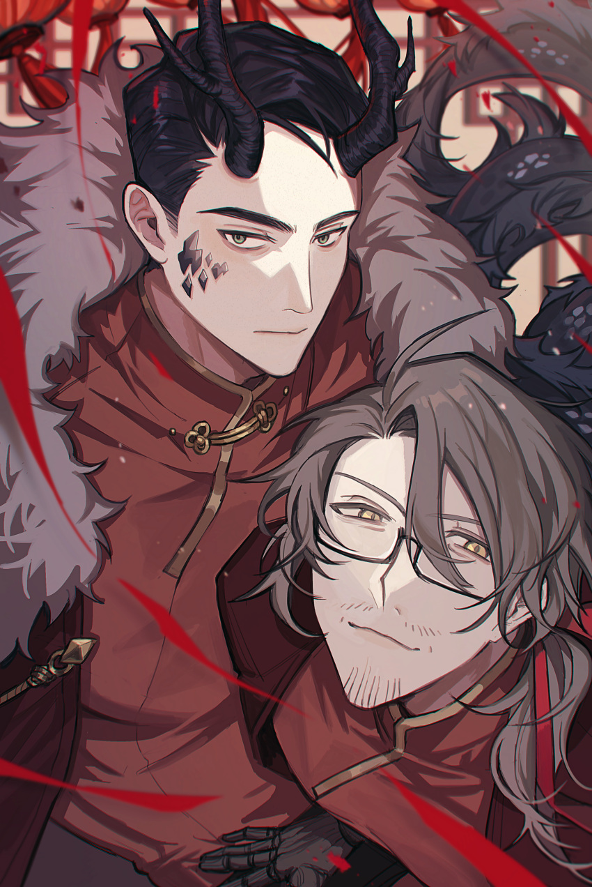 Safebooru - 2boys :3 absurdres black hair brown hair closed mouth coat green eyes gregor ...