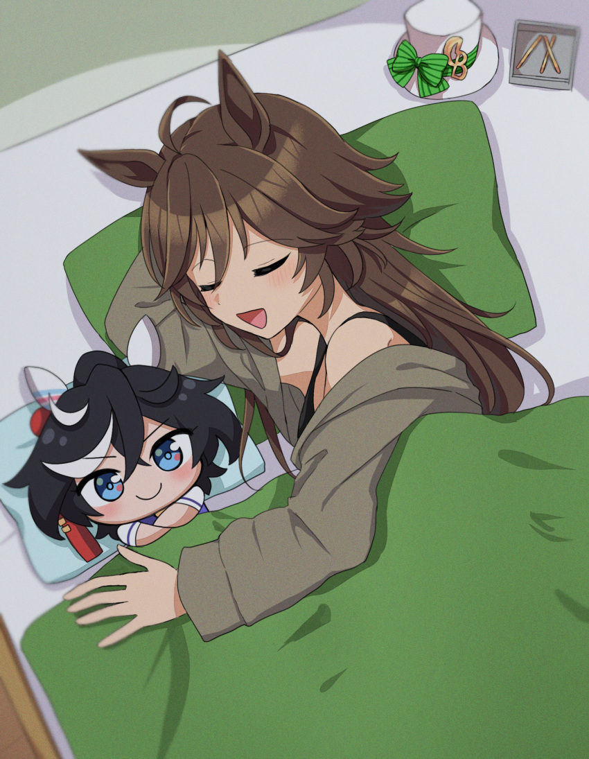 Safebooru - 1girl ahoge animal ears black hair blanket brown hair closed eyes doll from above ...