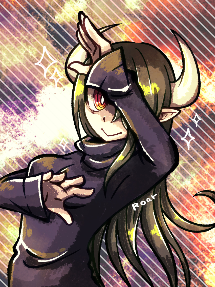 Safebooru - 1girl absurdres arm up black dress brown hair dress hair over one eye highres horns ...