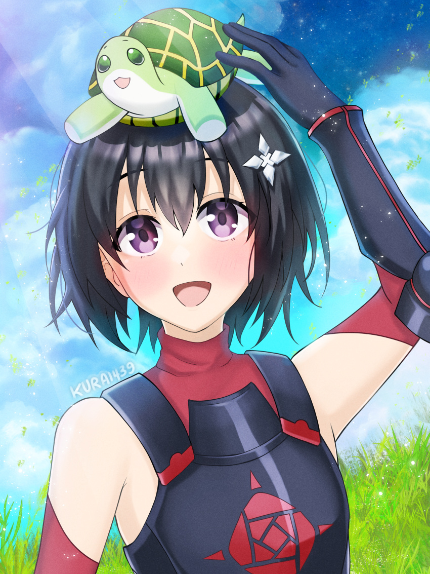 Safebooru - 1girl armor black eyes black hair day grass itai no wa iya ...