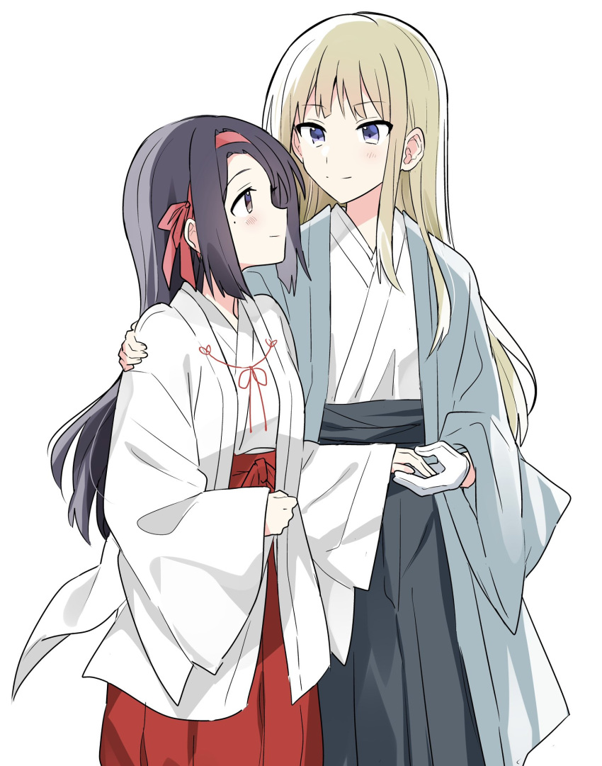 Safebooru - 2girls aqua haori black hair black hakama blonde hair blush ...