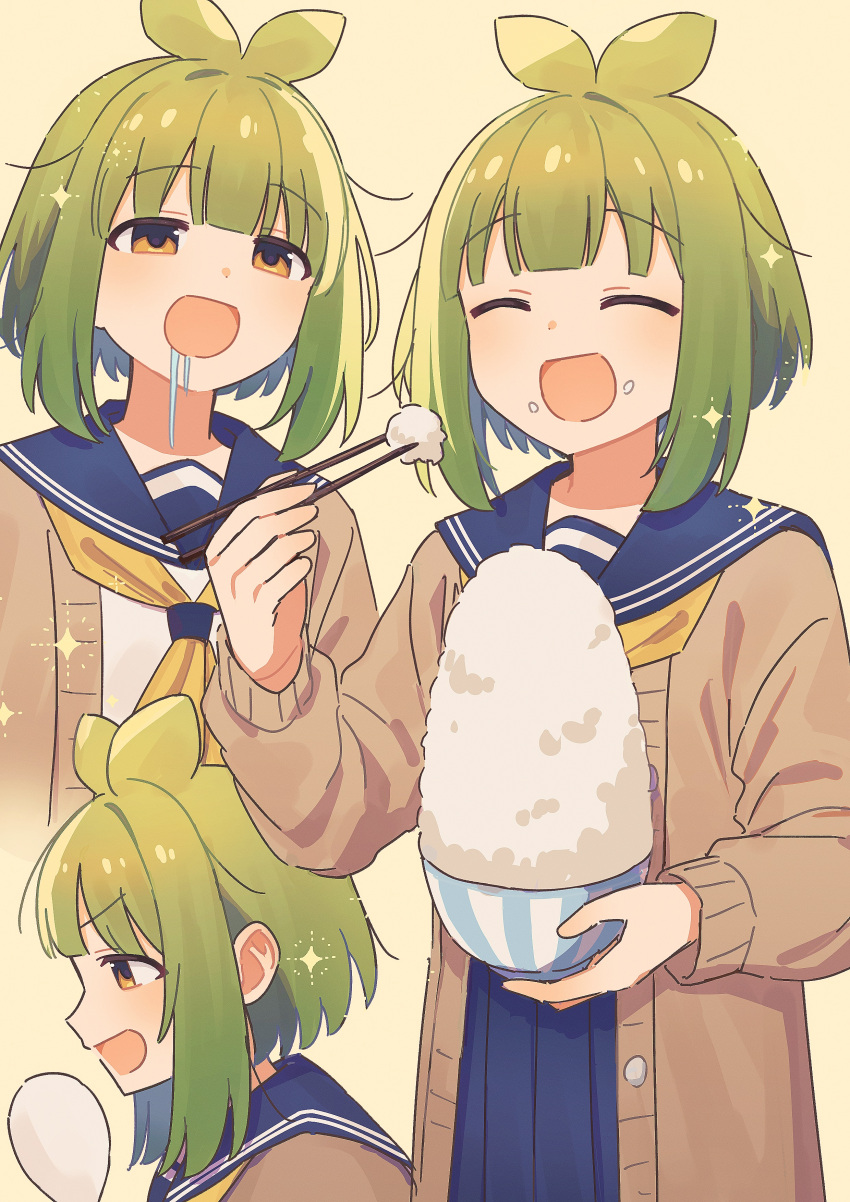 Safebooru - 1girl :d ^ ^ absurdres bashame meme blue sailor collar blue skirt blush bowl brown ...