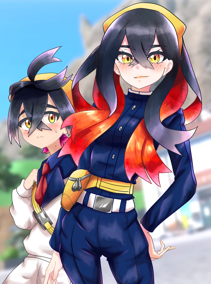 Safebooru - 1boy 1girl absurdres belt belt buckle black hair blue jacket blue pants blue shirt ...