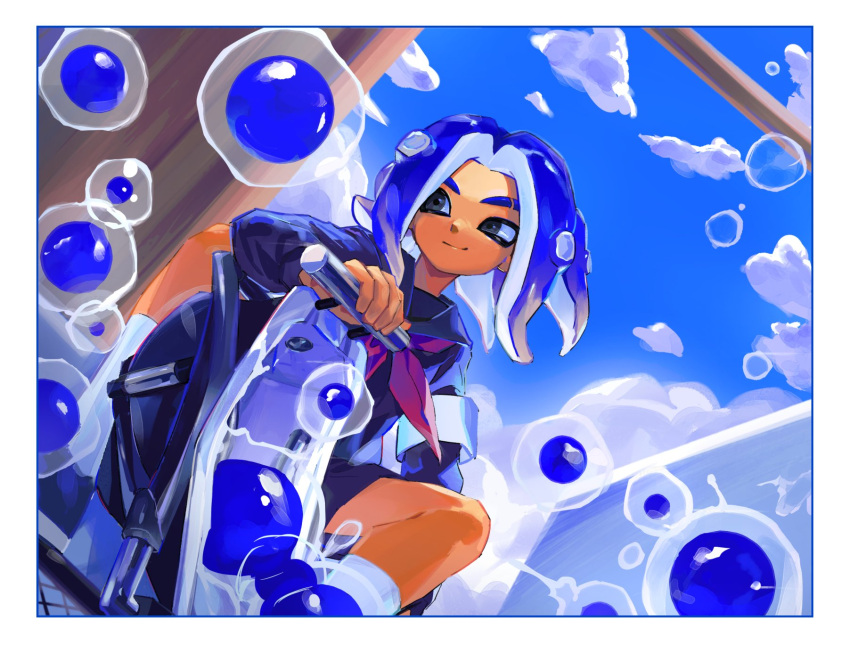 Safebooru - 1boy black eyes bloblobber (splatoon) blue hair blue sky bubble closed mouth clouds ...