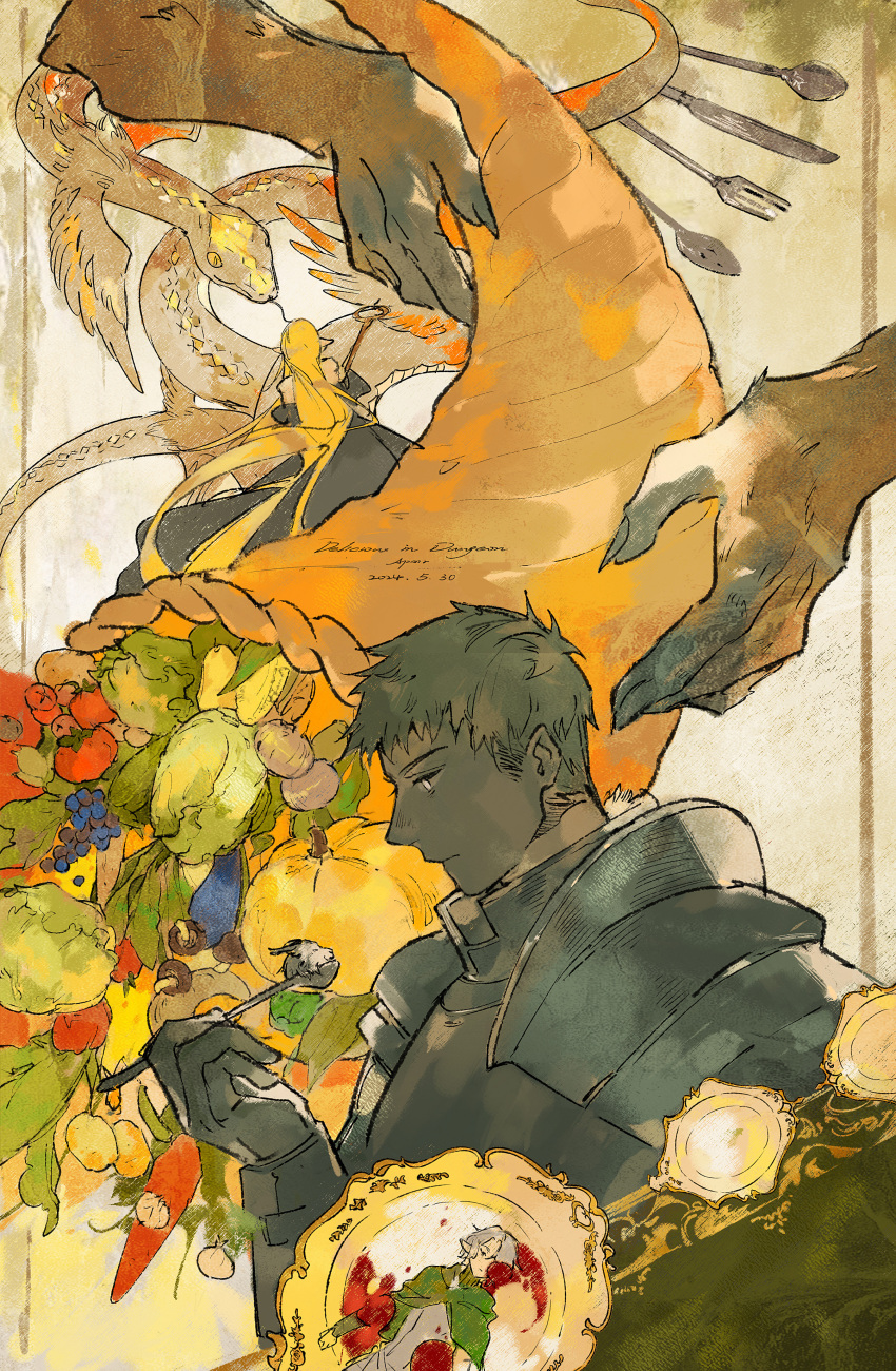 Safebooru - 1girl 2boys absurdres armor black dress blonde hair blood ...