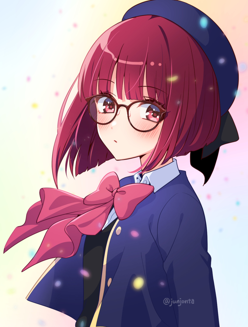Safebooru - 1girl arima kana beret blue jacket blush bob cut bow bowtie closed mouth glasses hat ...