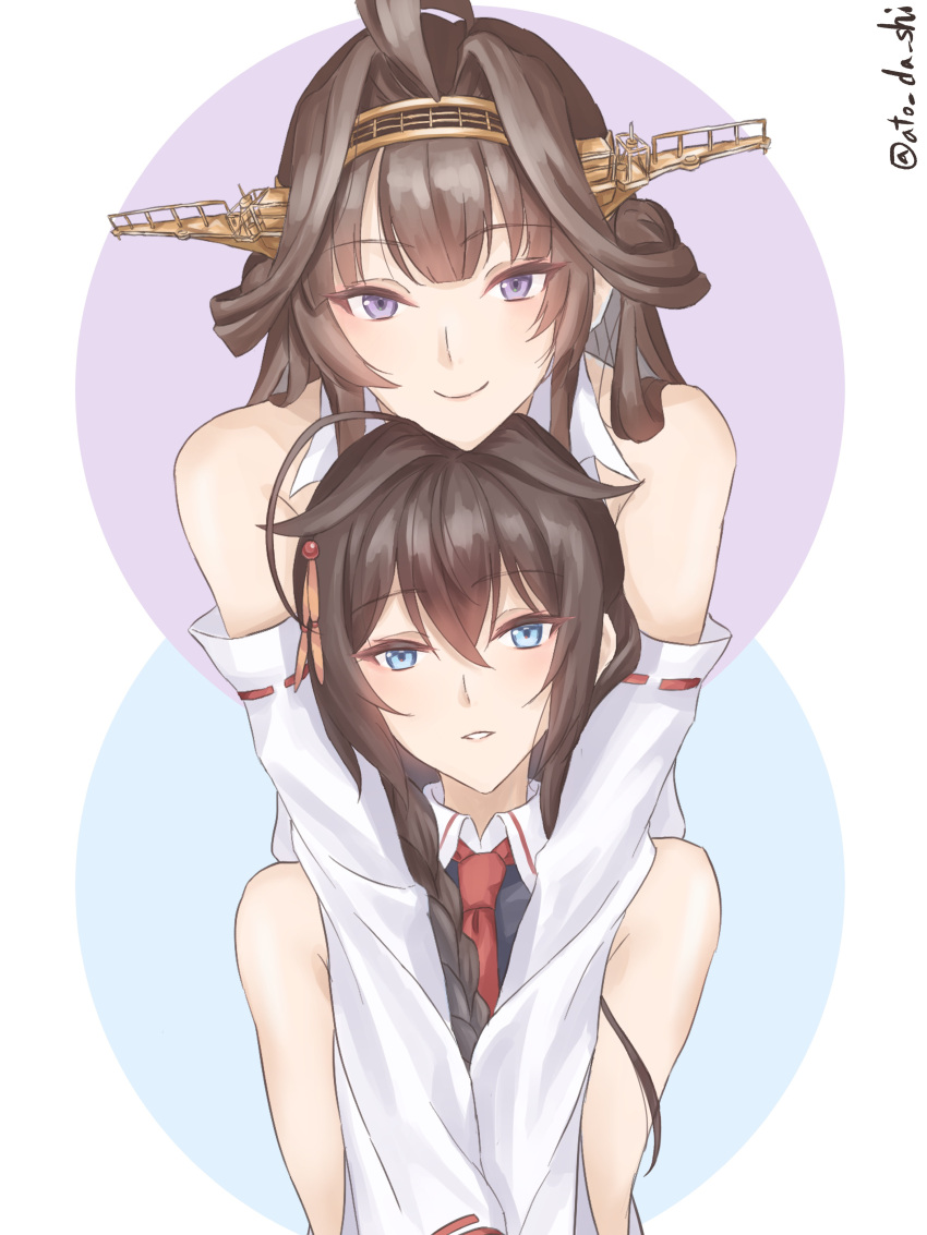 Safebooru - 2girls absurdres ahoge ascot atodashi bare shoulders blue eyes brown hair detached ...