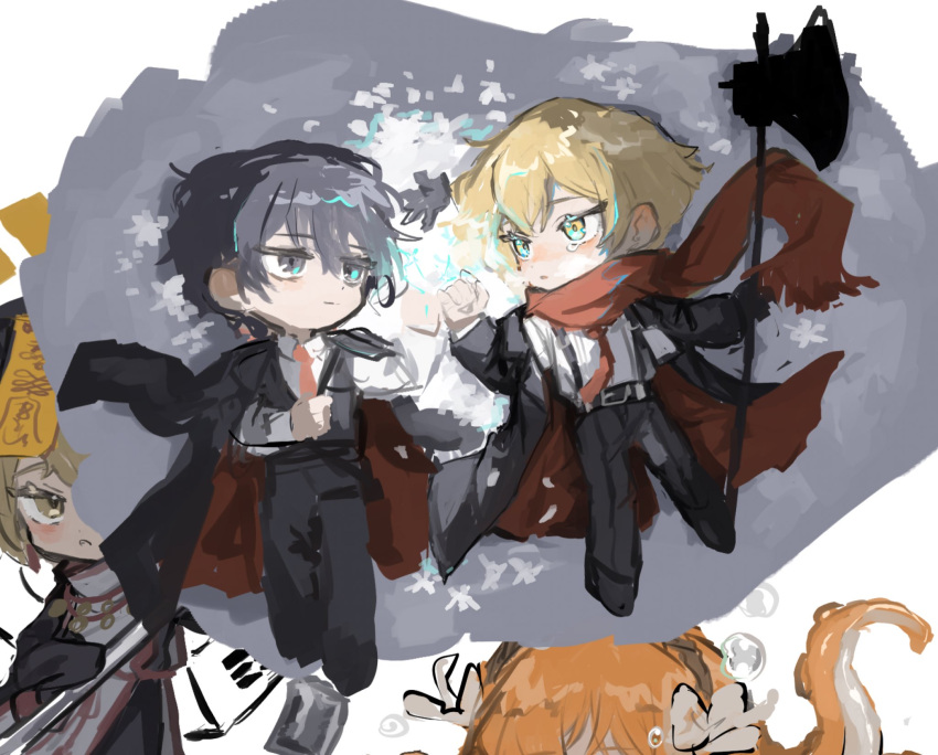 Safebooru - 2boys black coat black eyes black hair black pants blonde hair chibi closed mouth ...