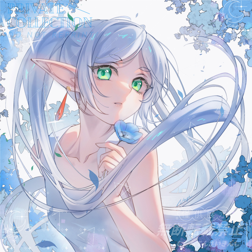 Safebooru - 1girl absurdres blue flower dangle earrings dress earrings elf flower frieren green ...