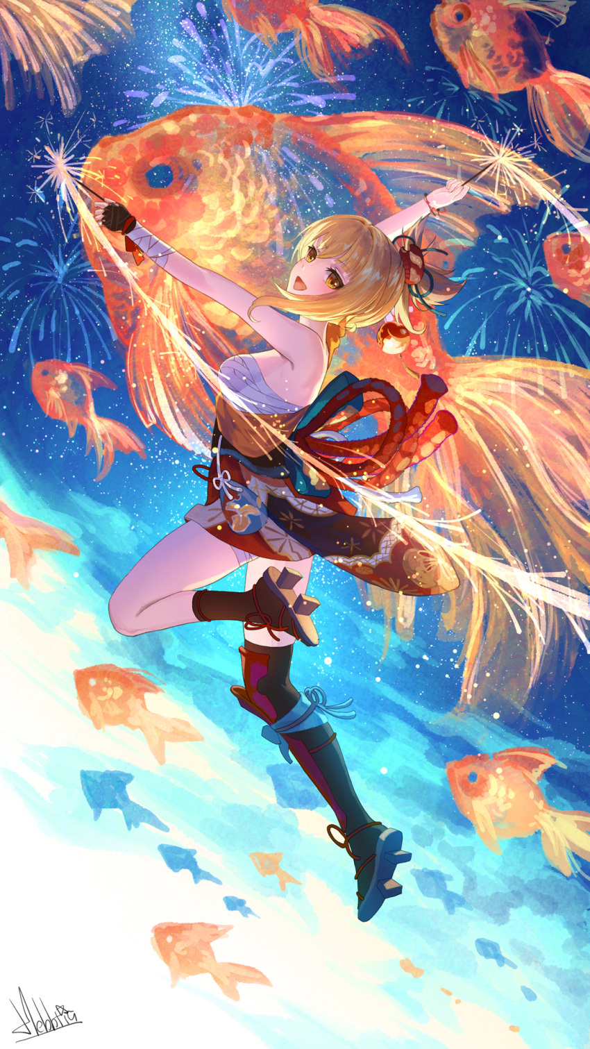 Safebooru - 1girl asymmetrical legwear bandaged arm bandages black gloves black socks blonde ...