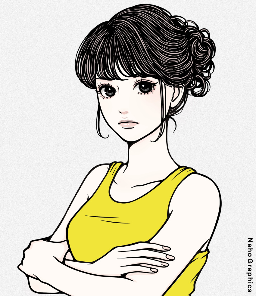 Safebooru - 1girl artist name black eyes black hair crossed arms highres lipstick makeup naho ...