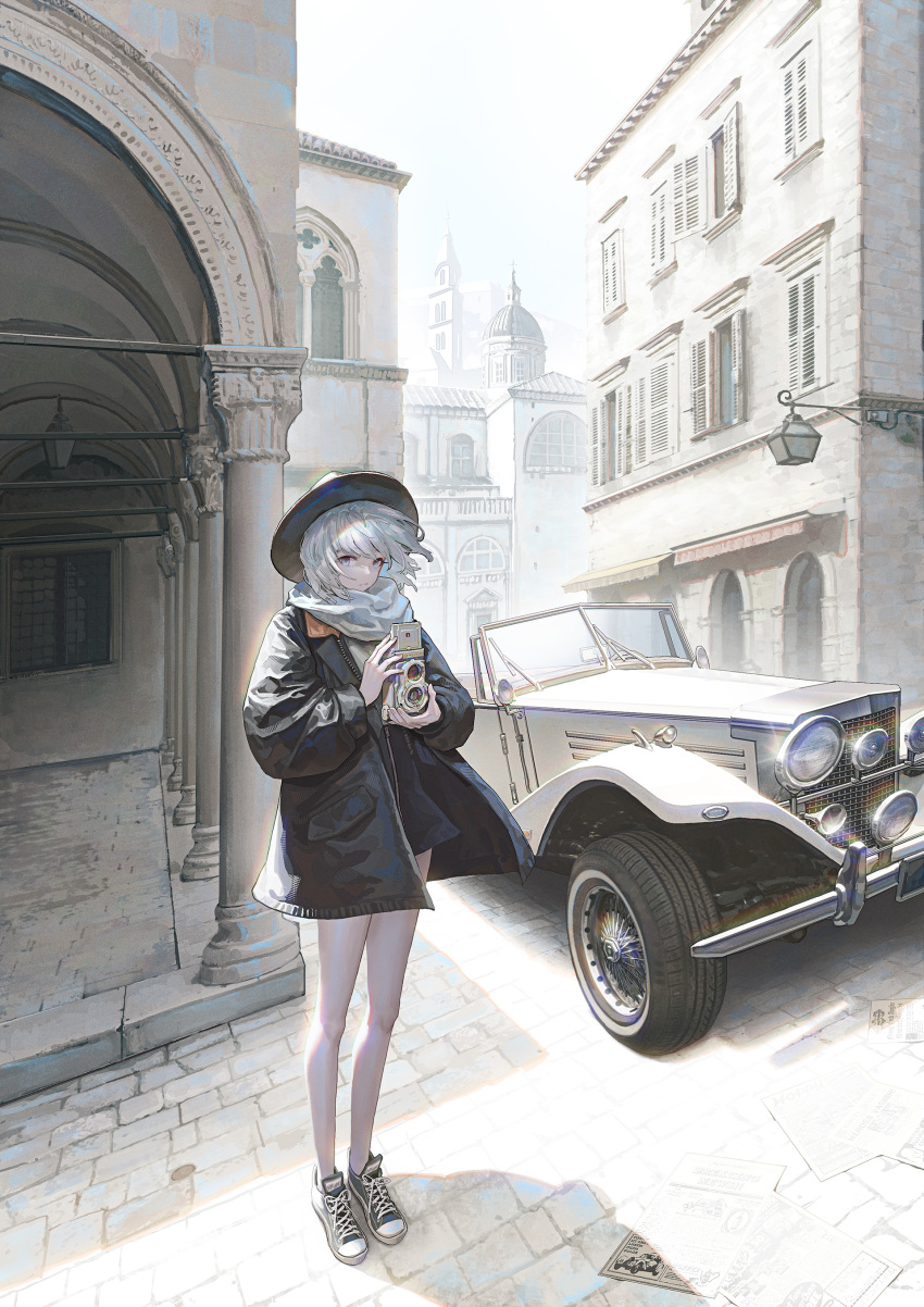 Safebooru - 1girl absurdres black hat black jacket black skirt building camera car day grey eyes ...