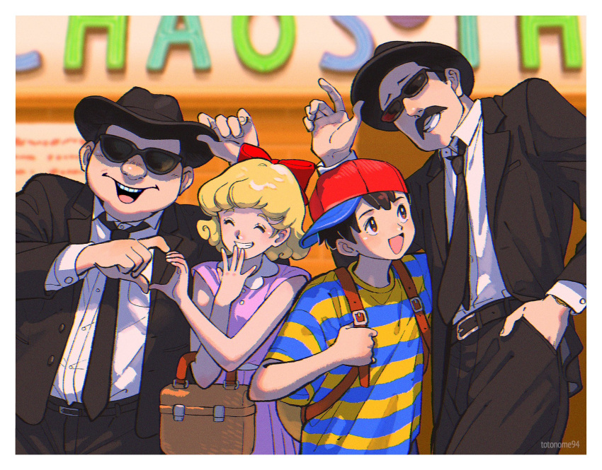 Safebooru - 1girl 3boys basket black hair black pants blonde hair ...