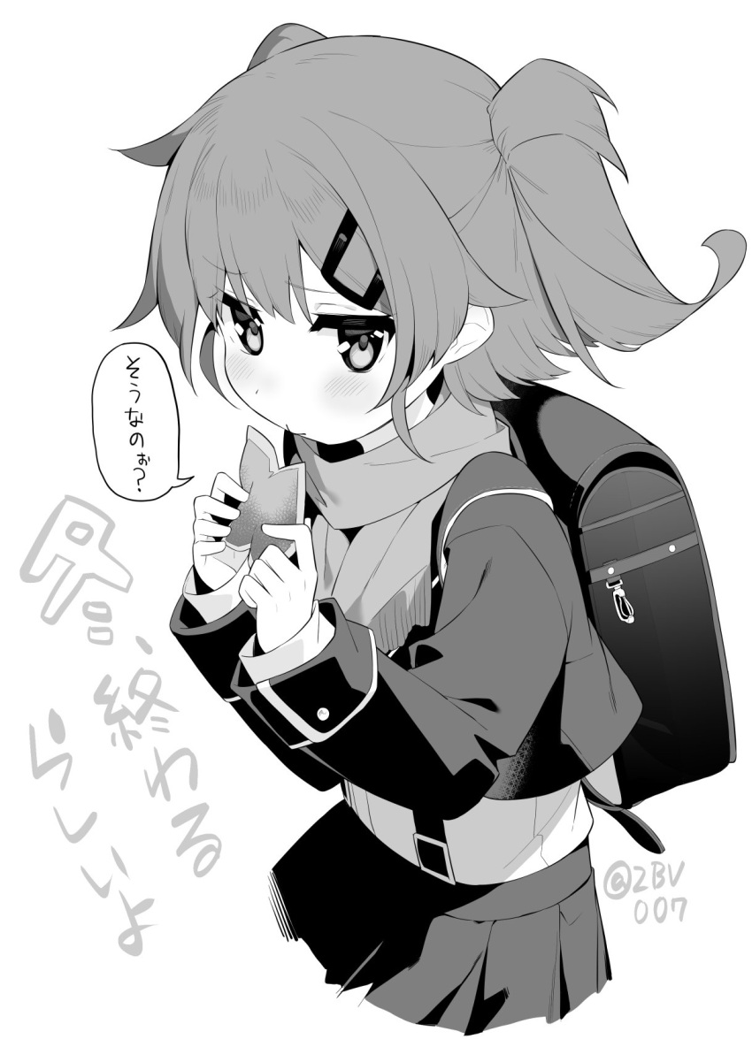 Safebooru - 1girl backpack bag blush child greyscale highres looking at ...