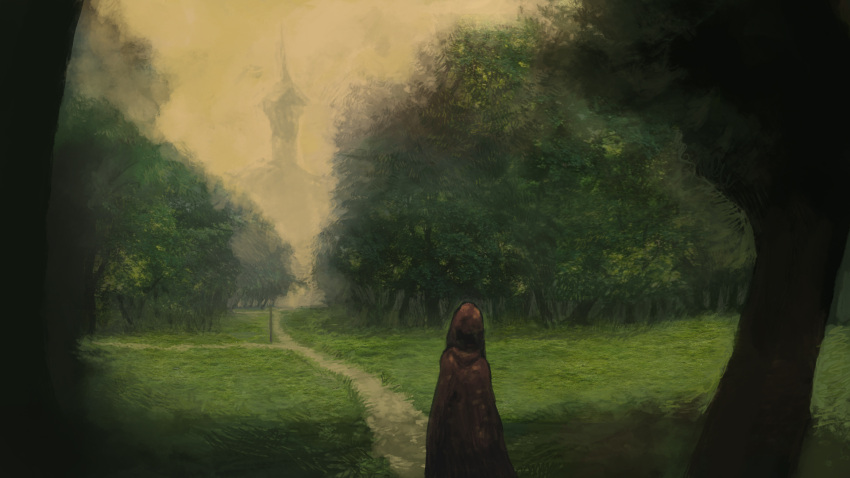 Safebooru - 1other cloak forest from behind grass highres hood hooded ...