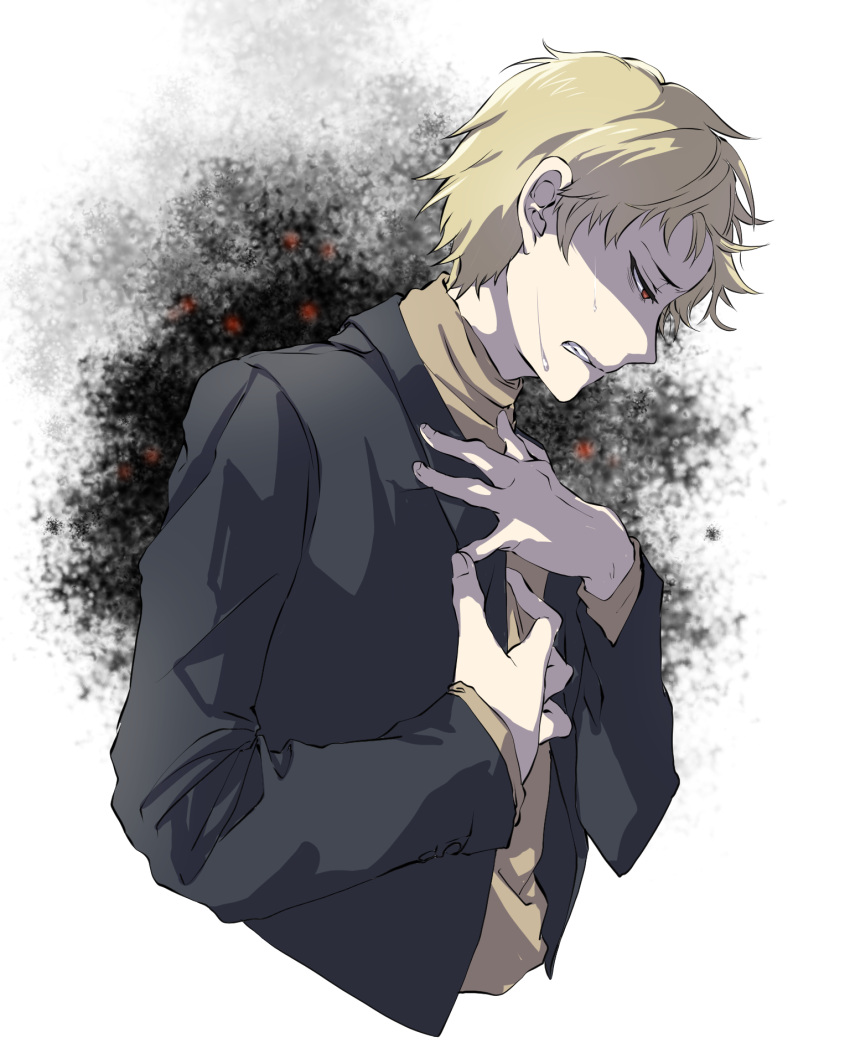 Safebooru - 1boy atou haruki black jacket blonde hair brown sweater clenched teeth commentary ...