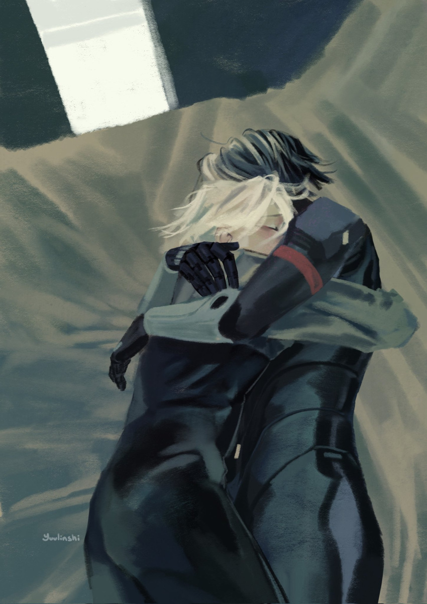Safebooru - 2girls android ariane yeong bed black hair cyberpunk elster (signalis) highres hug ...