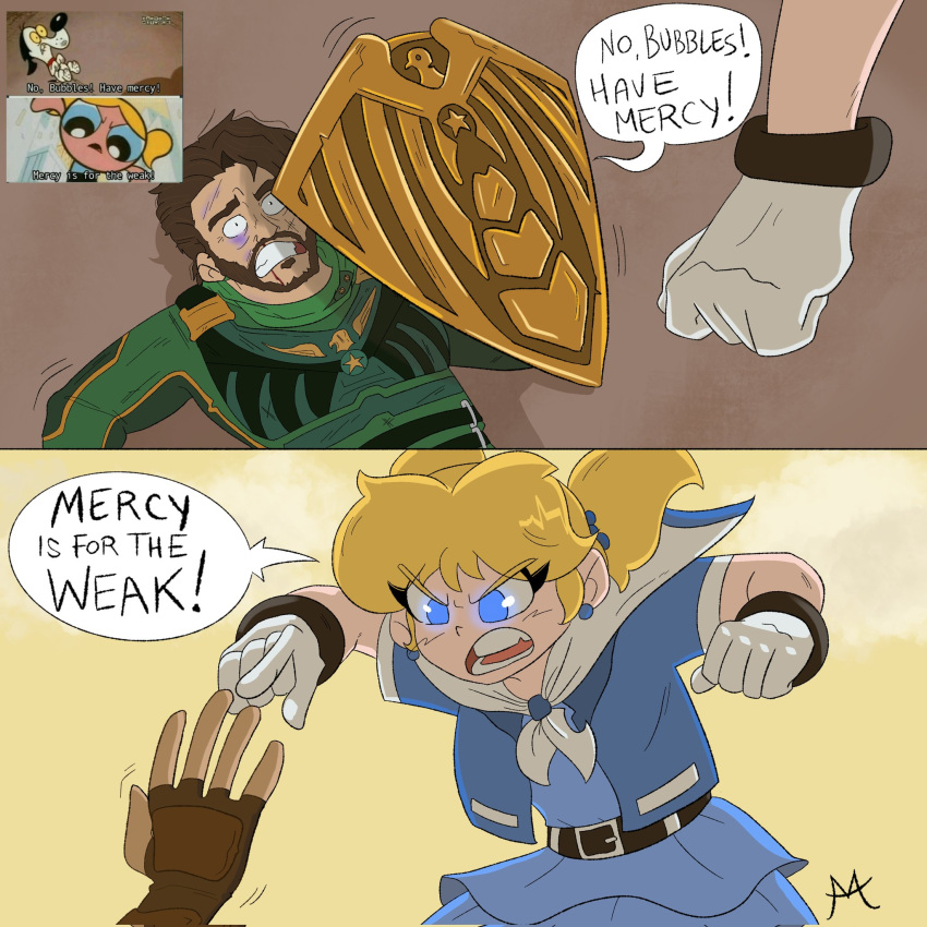 Safebooru - 1boy 1girl beard belt black belt blonde hair blood blood from mouth blue dress blue ...